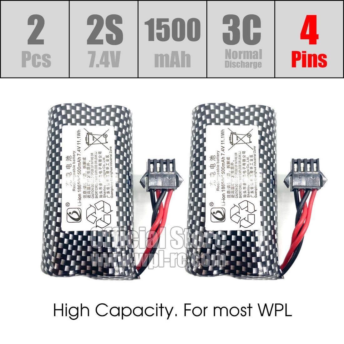 2pcs 2S 7.4V 1500mAh Li-Ion Battery 18650 4pins – WPL RC Official Store