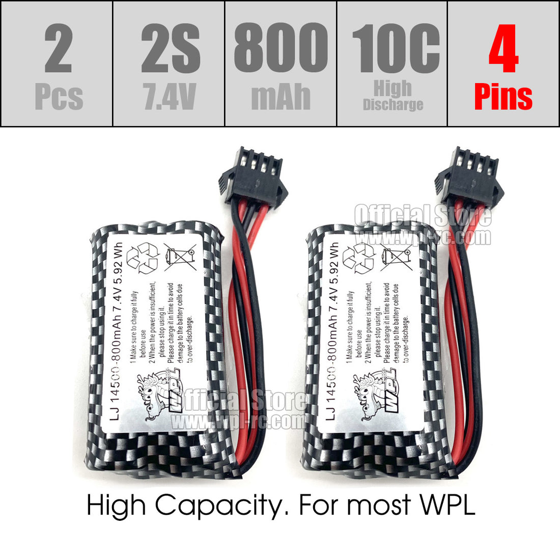2pcs 2S 7.4V 800mAh Li-Ion Battery 14500 (New 4 Pins) – WPL RC Official ...