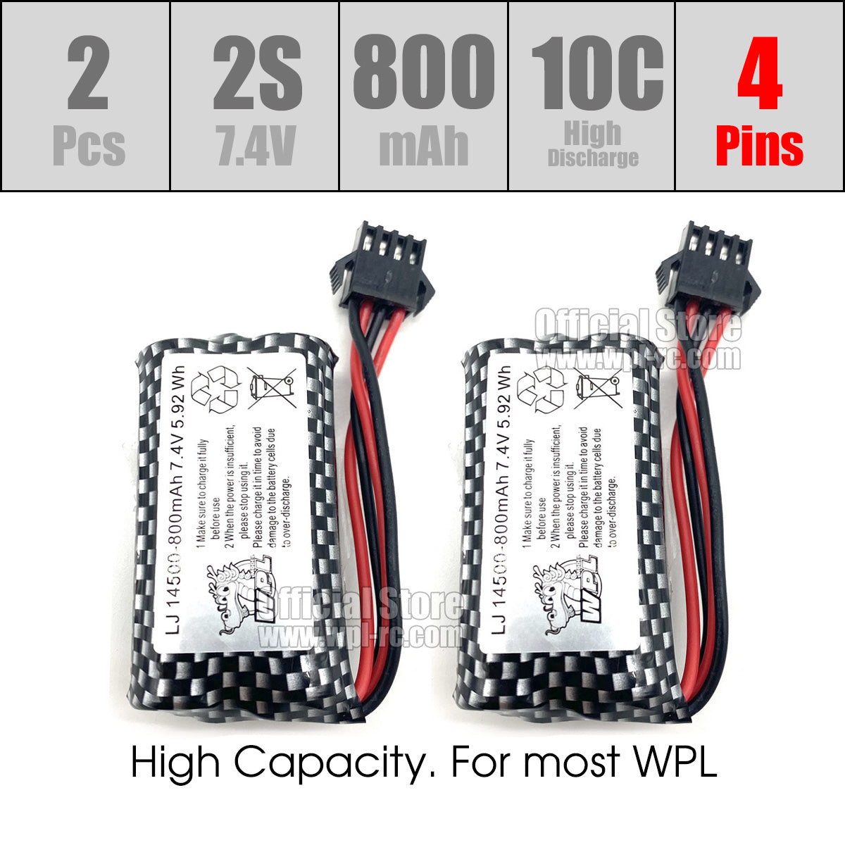 2pcs 2S 7.4V 800mAh Li-Ion Battery 14500 (New 4 Pins) – WPL RC Official ...